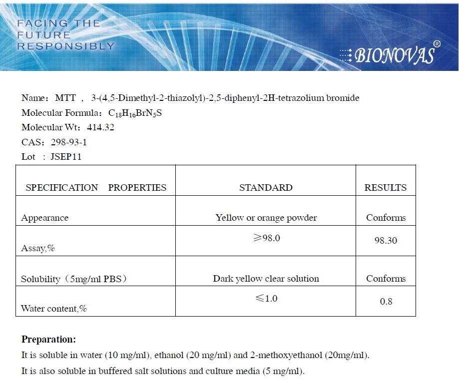 MTT (Thiazolyl Blue) | Cas #298-93-1 BIONOVAS貨號AM0815-0001 (1G)